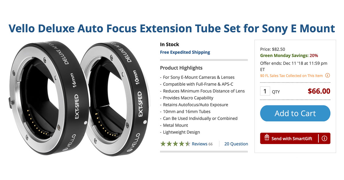 Save 20% on Vello Deluxe Auto Focus Extension Tube Set for Sony E-Mount