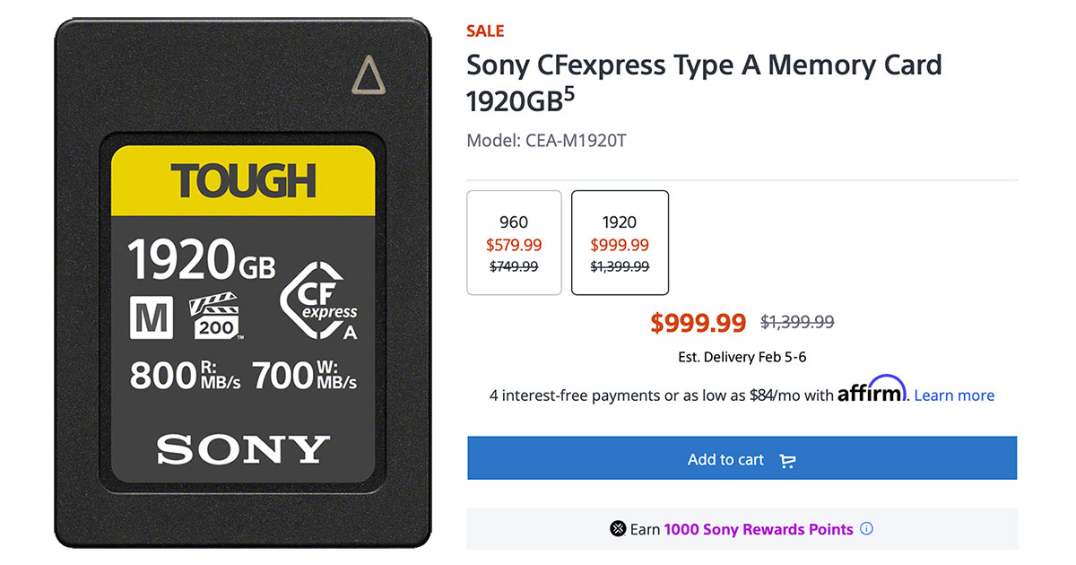 Save up to $400 on Sony CFexpress Type A Memory Cards